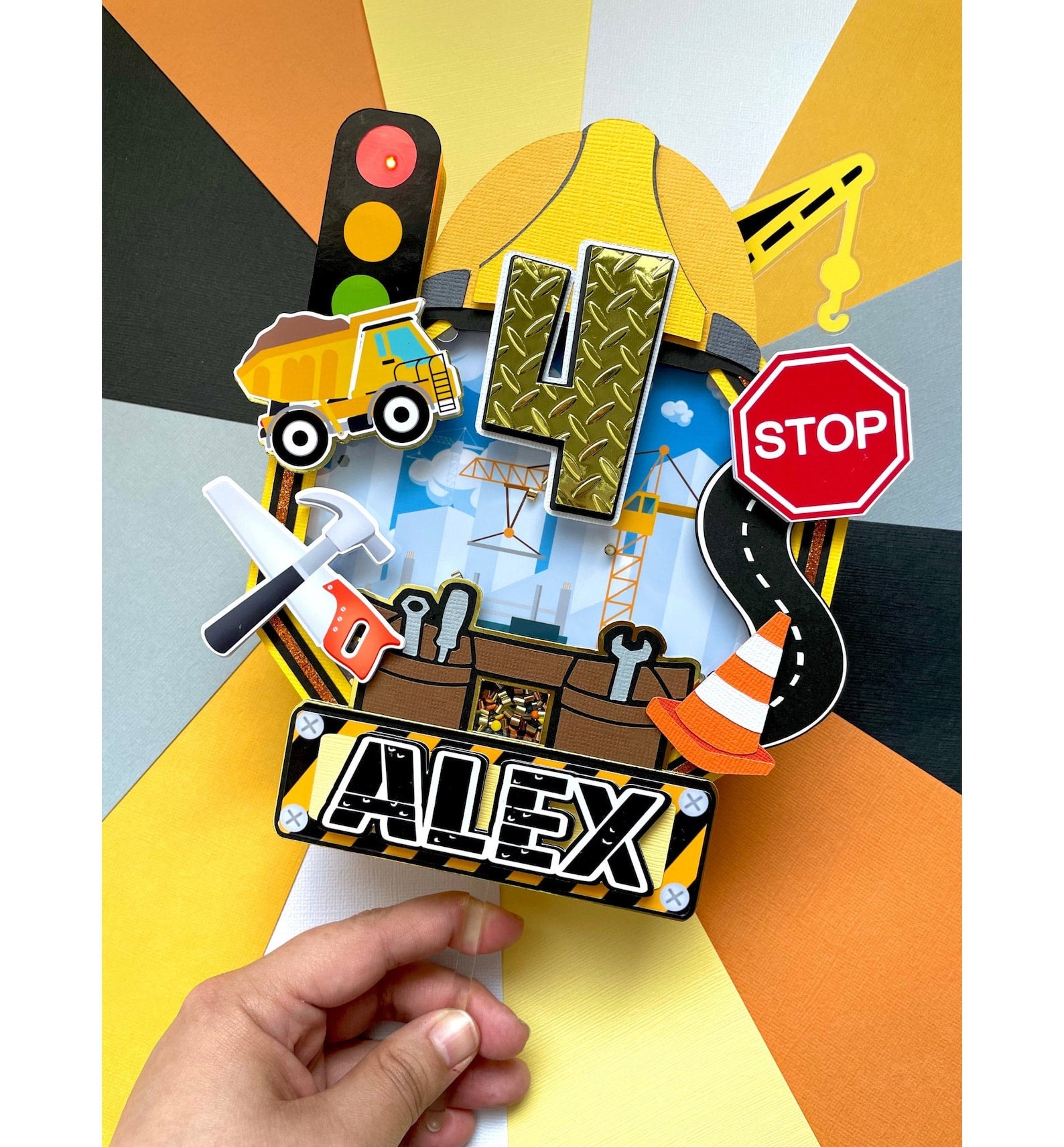 Construction Cake Topper with Confetti & LED Lights, Crane Dump Truck ...